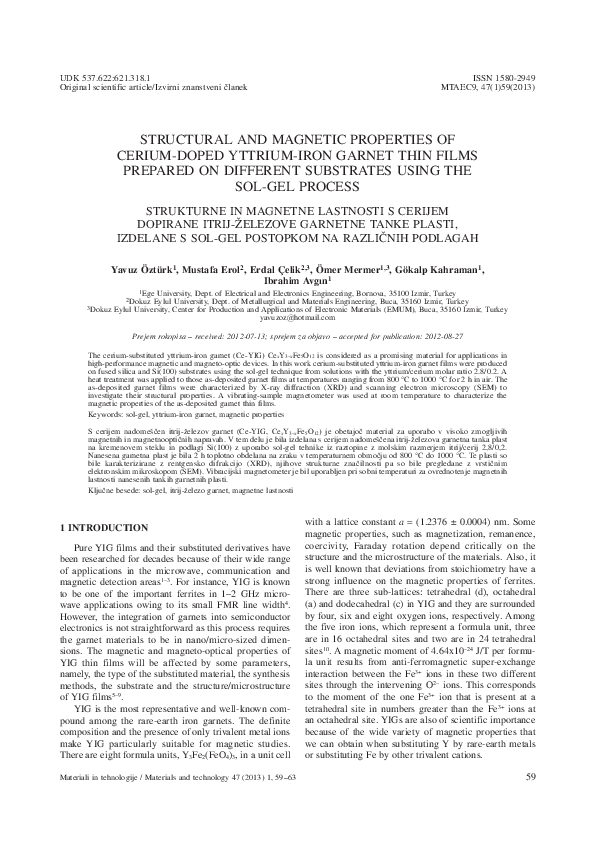 (PDF) Structural and Magnetic Properties of Cerium-Doped Yttrium-Iron Garnet Thin Films Prepared ...