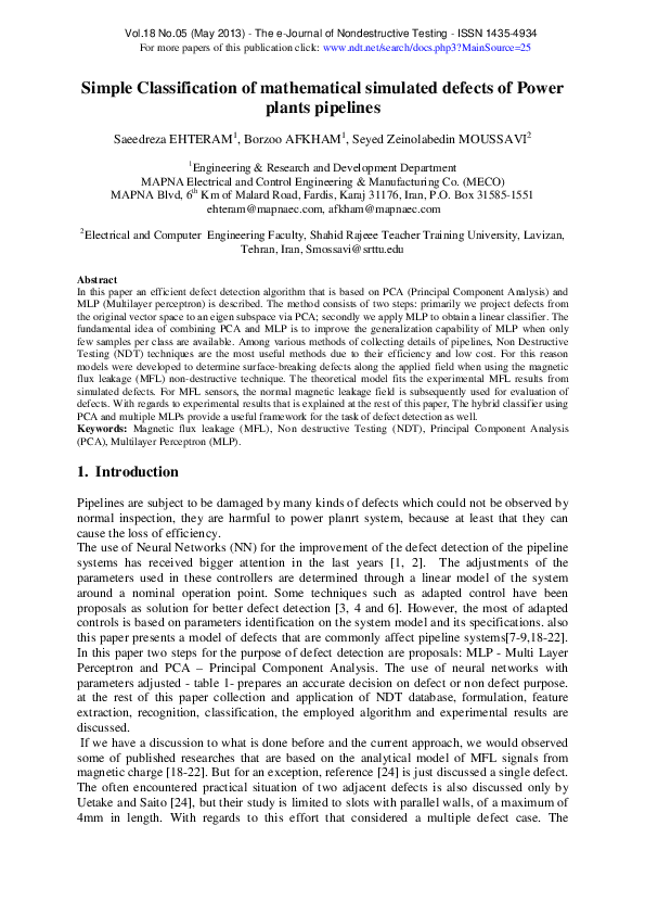 Pdf Simple Classification Of Mathematical Simulated Defects Of Power Plants Pipelines
