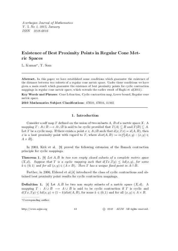 Pdf Existence Of Best Proximity Points In Regular Cone Metric Spaces