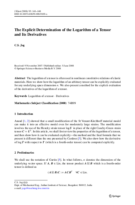 (PDF) The Explicit Determination of the Logarithm of a Tensor and Its ...