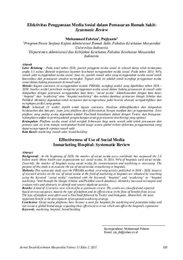 (PDF) Efektivitas Penggunaan Media Sosial dalam Pemasaran Rumah Sakit: Systematic Review