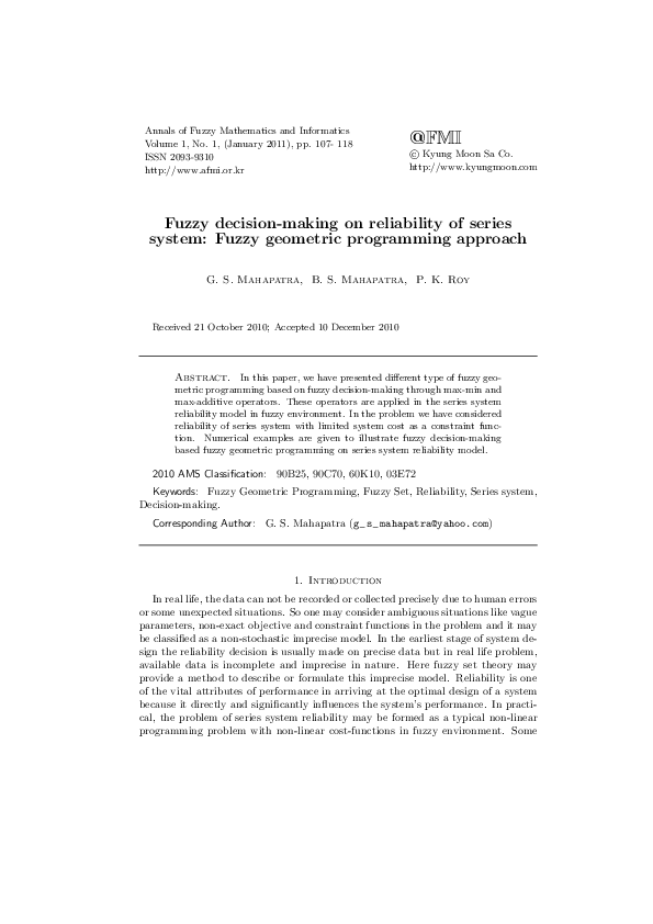 (PDF) Fuzzy decision-making on reliability of series system: Fuzzy geometric programming approach