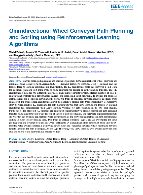 Omnidirectional Wheel Conveyor Path Planning And Sorting Using Reinforcement Learning Algorithms
