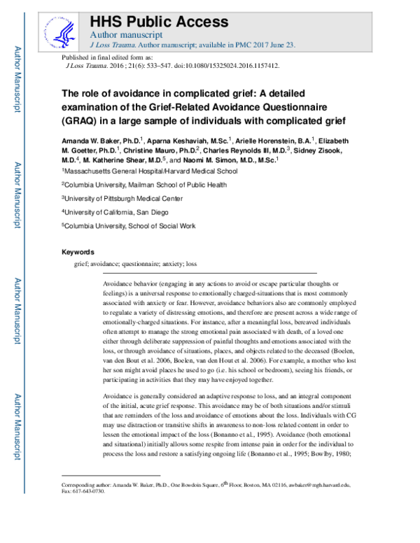 (PDF) The Role of Avoidance in Complicated Grief: A Detailed ...
