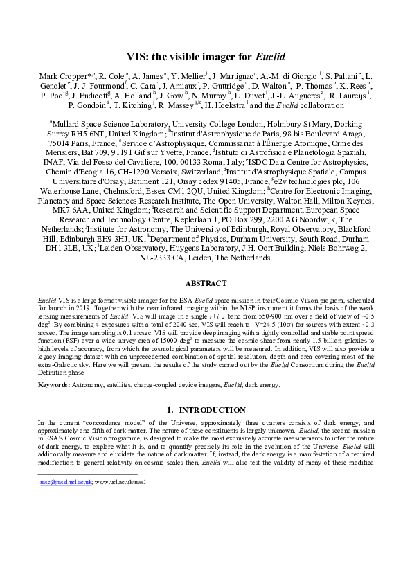 (PDF) VIS: The visible imager for euclid