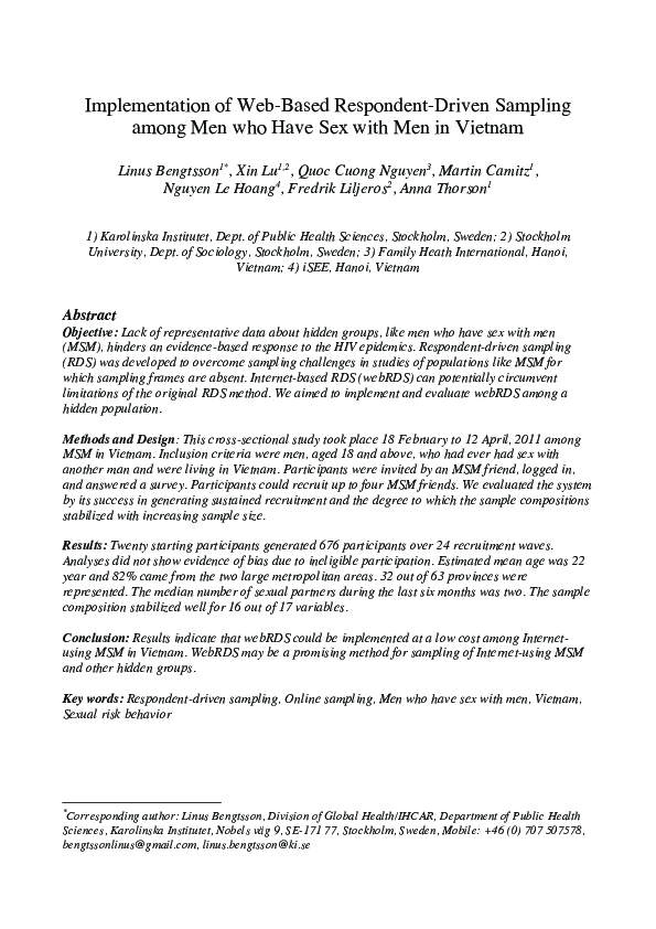Pdf Implementation Of Web Based Respondent Driven Sampling Among Men 1192