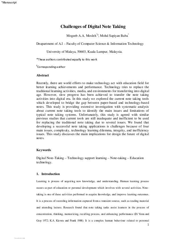 (PDF) Challenges of Digital Note Taking