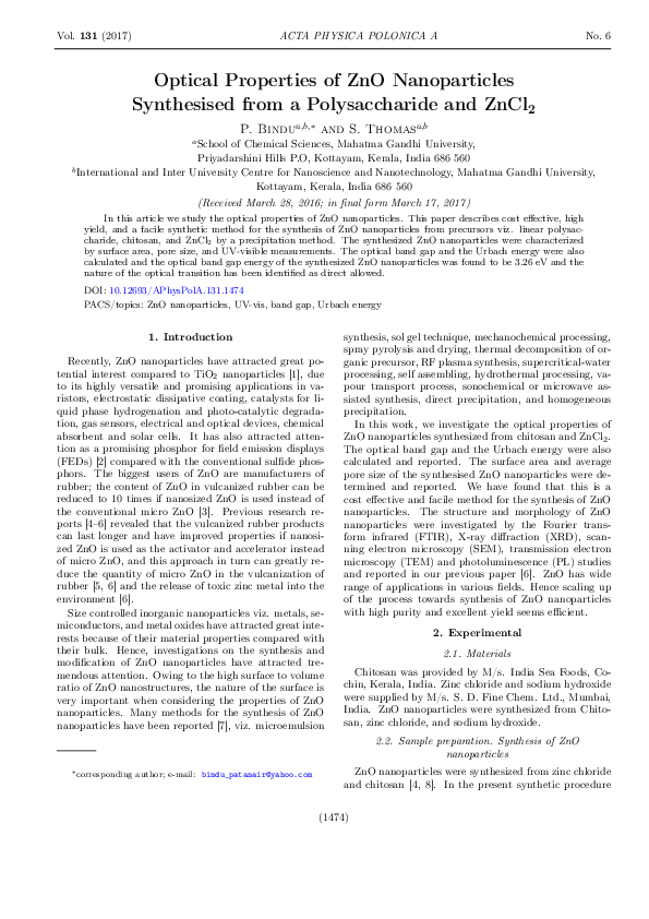 (PDF) Optical properties of ZnO nanoparticles synthesized by varying ...