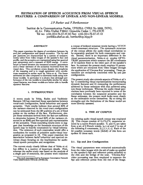 (PDF) Estimation of speech acoustics from visual speech features: A ...