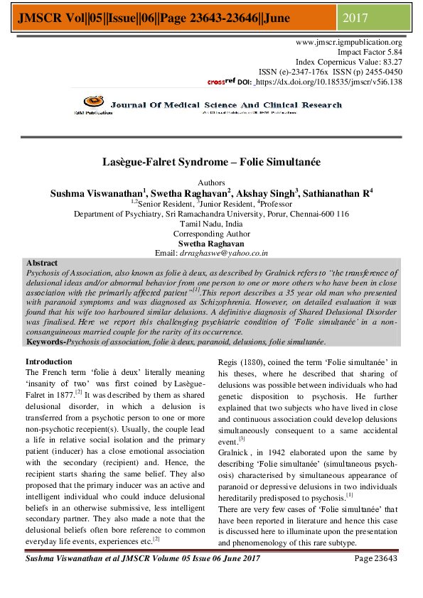(PDF) Lasègue-Falret Syndrome – Folie Simultanée