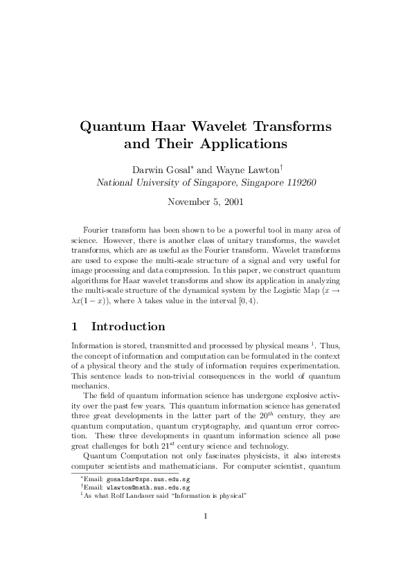 (PDF) Quantum Haar Wavelet Transforms and Their Applications