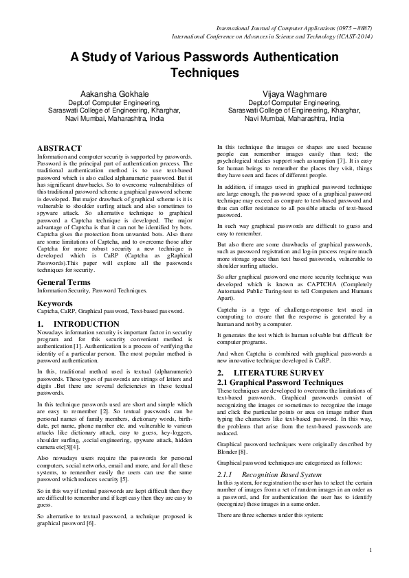 (PDF) A Study of Various Passwords Authentication Techniques