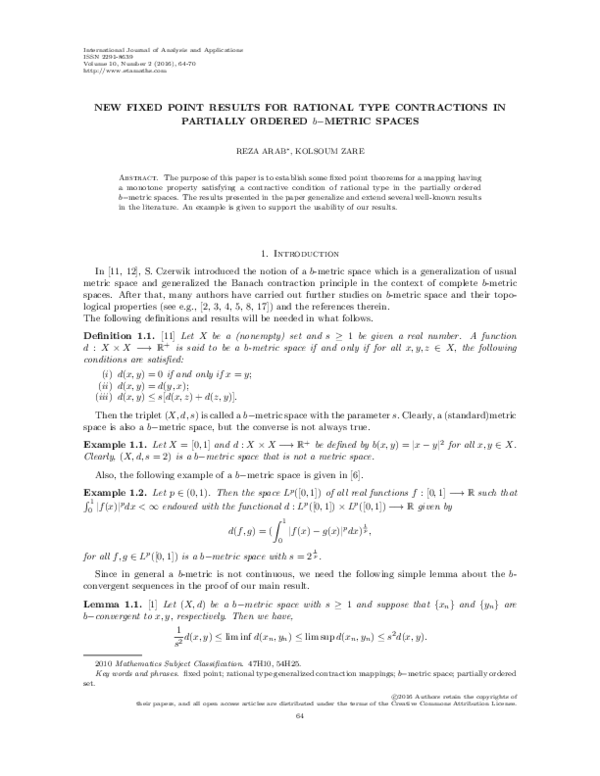 Pdf New Fixed Point Results For Rational Type Contractions In Partially Ordered B Metric