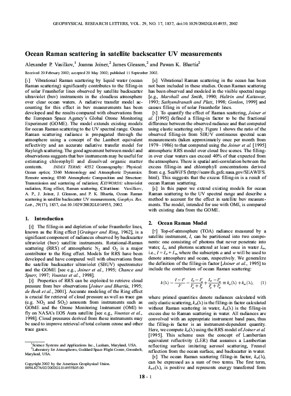 (PDF) Ocean Raman scattering in satellite backscatter UV measurements