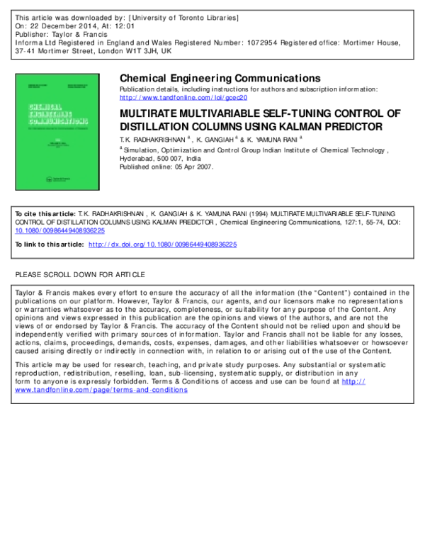 Pdf Multirate Multivariable Self Tuning Control Of Distillation Columns Using Kalman Predictor