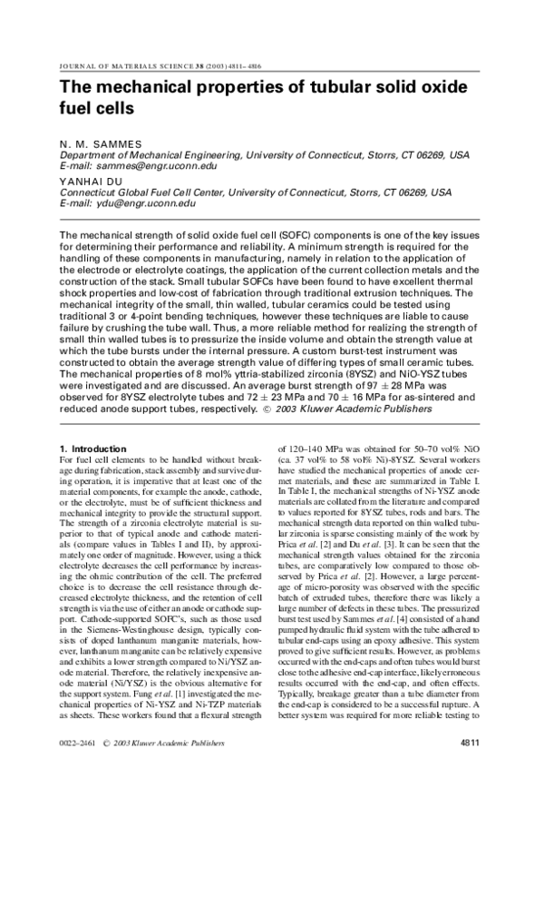 (PDF) The mechanical properties of tubular solid oxide fuel cells