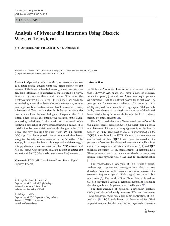 (PDF) Analysis of Myocardial Infarction Using Discrete Wavelet Transform (PDF) Analysis of Myocardial Infarction Using Discrete Wavelet Transform