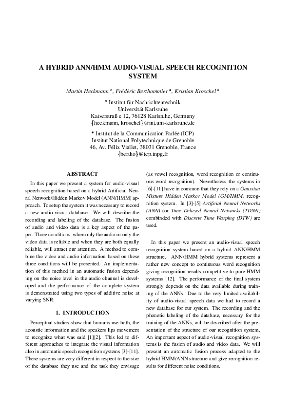 (PDF) A hybrid ANN/HMM audio-visual speech recognition system