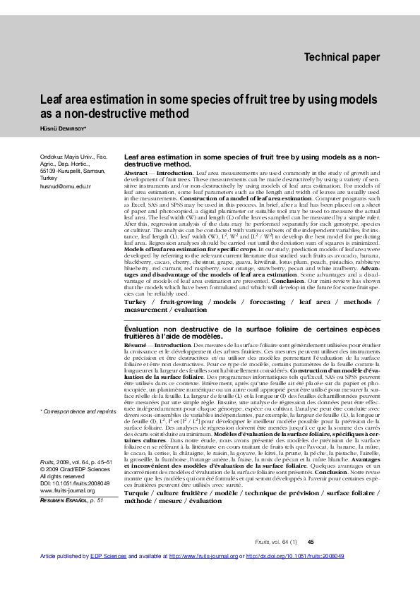 Leaf Area Estimation In Some Species Of Fruit Tree By Using Models As A Non Destructive Method