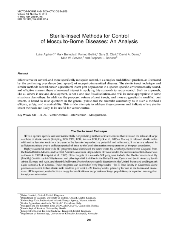 (PDF) Sterile-Insect Methods for Control of Mosquito-Borne Diseases: An Analysis