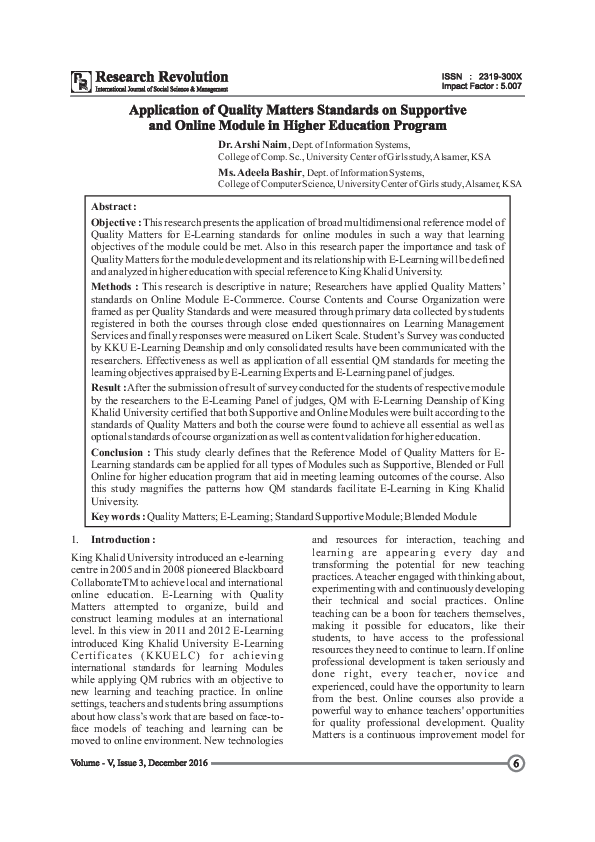 (PDF) Application of Quality Matters Standards on Supportive and Online ...