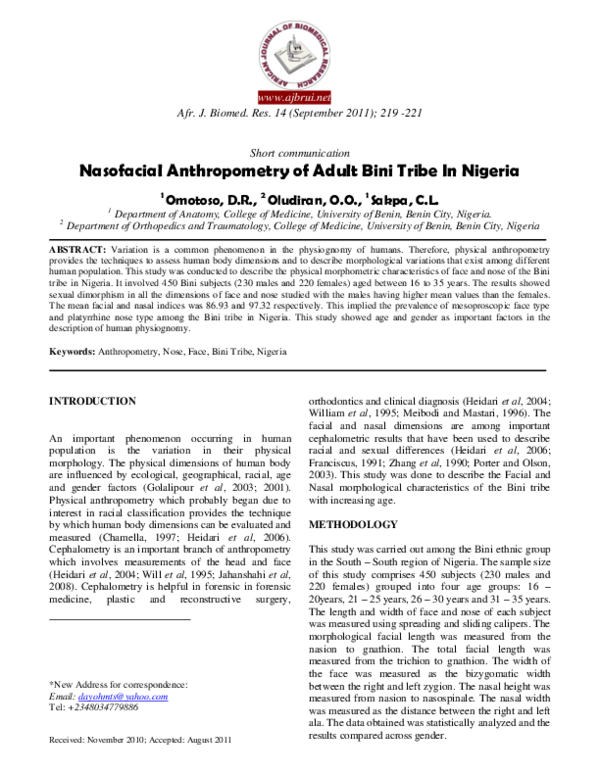 (PDF) Nasofacial Anthropometry of Adult Bini Tribe In Nigeria