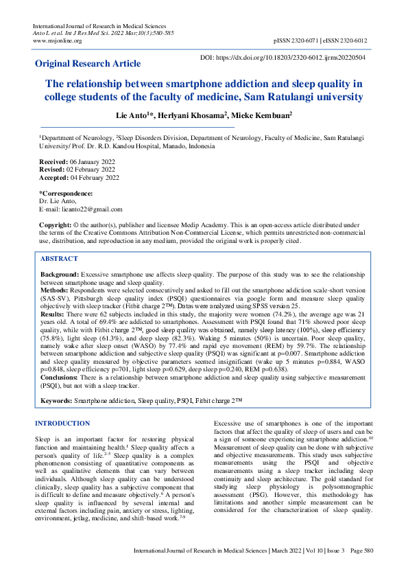 (PDF) The relationship between smartphone addiction and sleep quality in college students of the ...