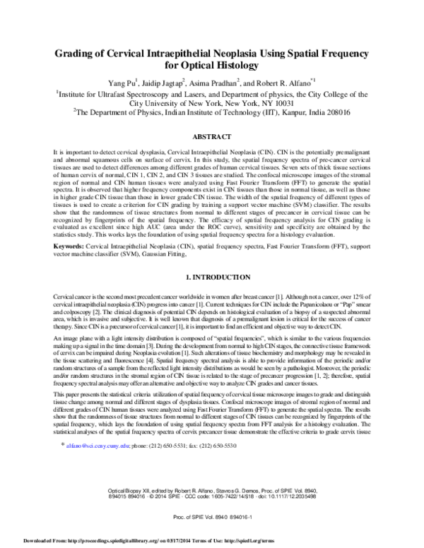 (PDF) Grading of cervical intraepithelial neoplasia using spatial frequency for optical histology