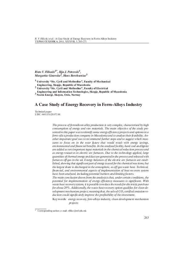 (PDF) A Case Study of Energy Recovery in Ferro-Alloys Industry