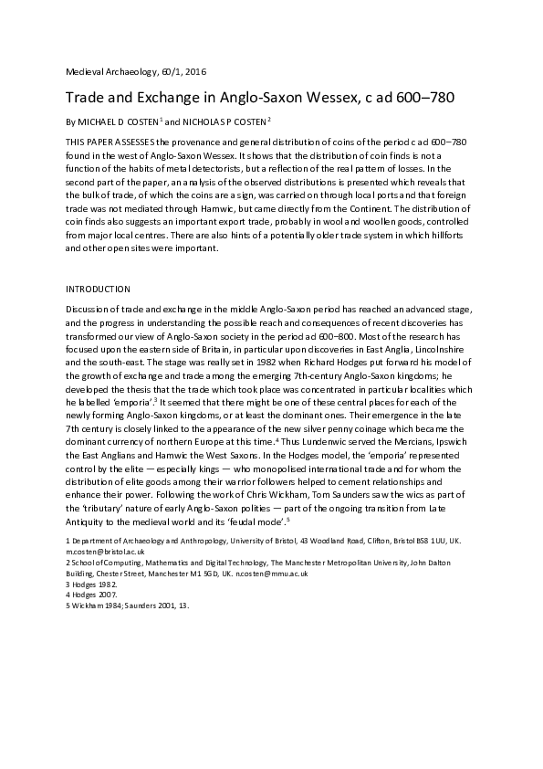 (PDF) Trade and Exchange in Anglo-Saxon Wessex, cad600–780