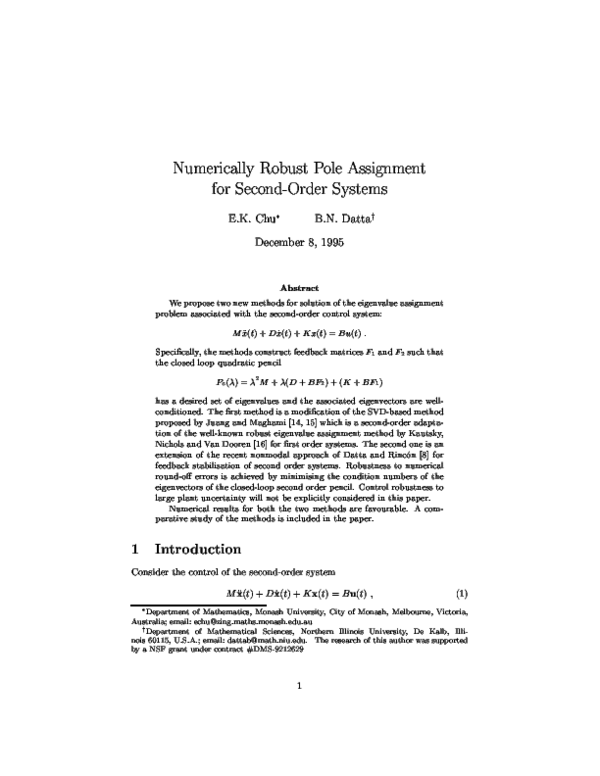 Pdf Numerically Robust Pole Assignment For Second Order Systems