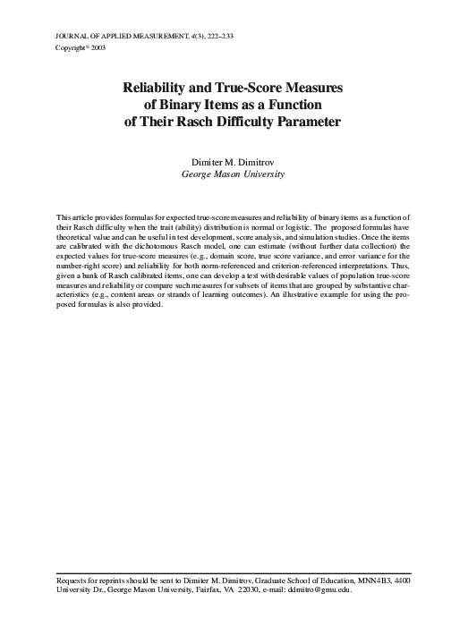 (PDF) Reliability and true-score measures of binary items as a function ...
