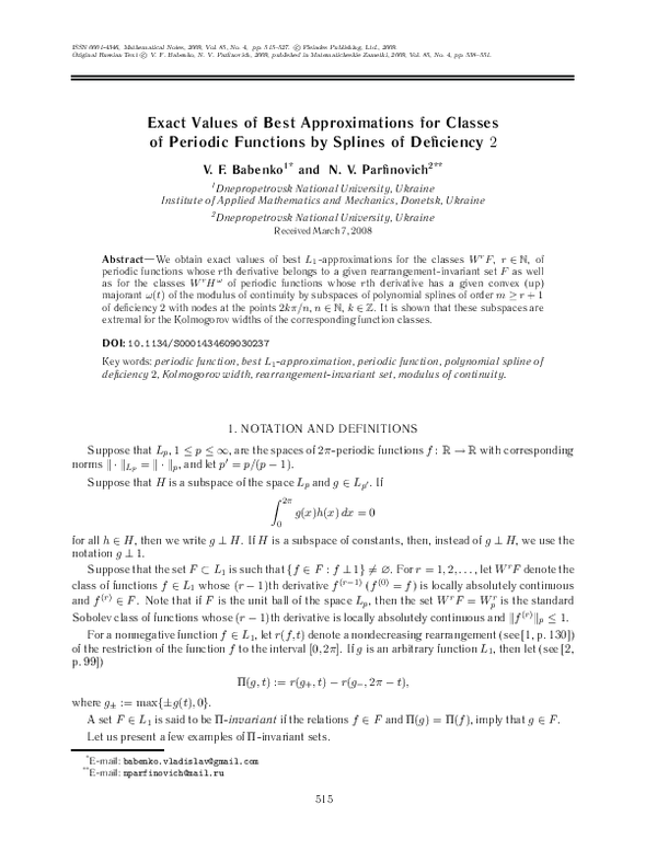 Pdf Exact Values Of Best Approximations For Classes Of Periodic Functions By Splines Of
