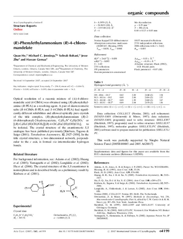 (PDF) ( R )-Phenylethylammonium ( R )-4-chloromandelate | Sohrab Rohani ...