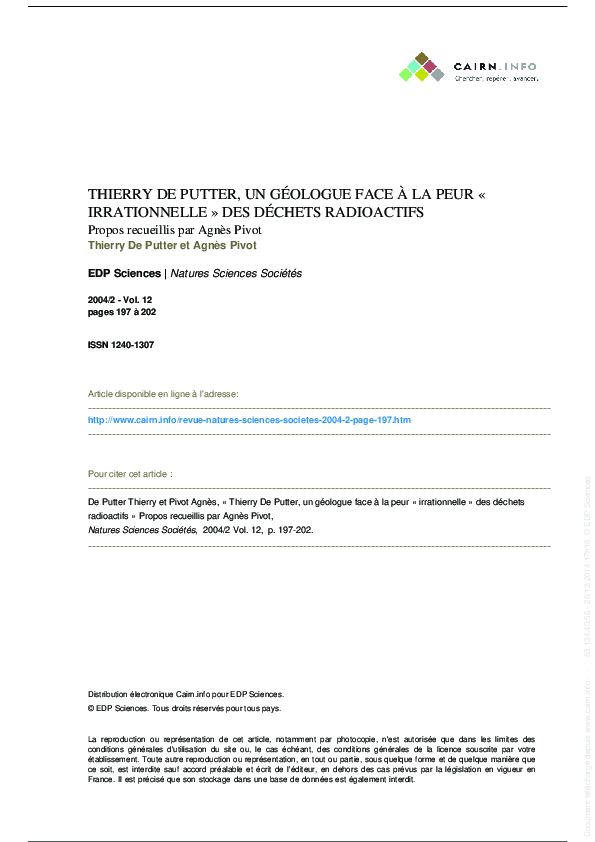 (PDF) Thierry De Putter, un géologue face à la peur "irrationnelle" des ...