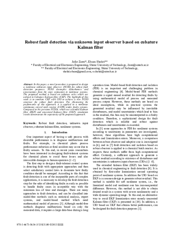 Pdf Robust Fault Detection Via Unknown Input Observer Based On Cubature Kalman Filter Jafar