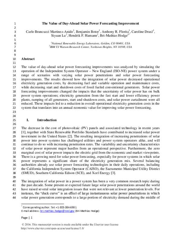 Pdf The Value Of Day Ahead Solar Power Forecasting Improvement Hendrik Hamann