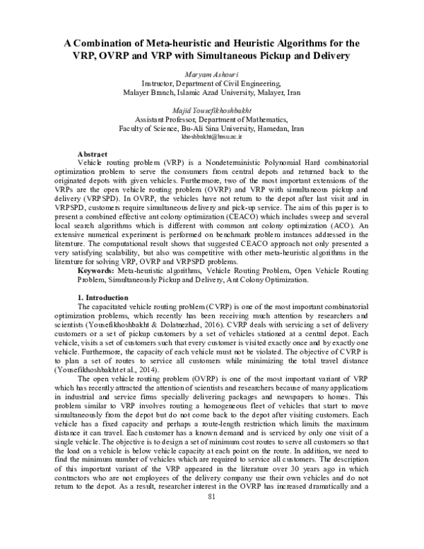(PDF) A Combination of Meta-heuristic and Heuristic Algorithms for the VRP, OVRP and VRP with ...