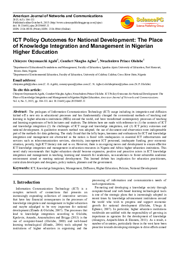 (PDF) ICT Policy Outcomes for National Development: The Place of ...