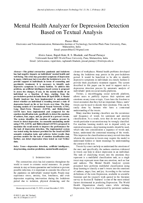 (PDF) Mental Health Analyzer for Depression Detection Based on Textual ...
