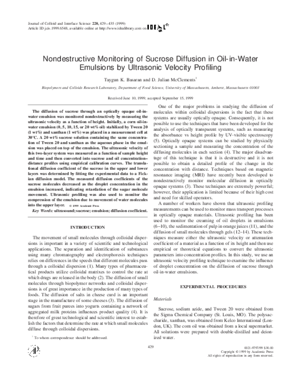 (PDF) Nondestructive Monitoring of Sucrose Diffusion in Oil-in-Water ...
