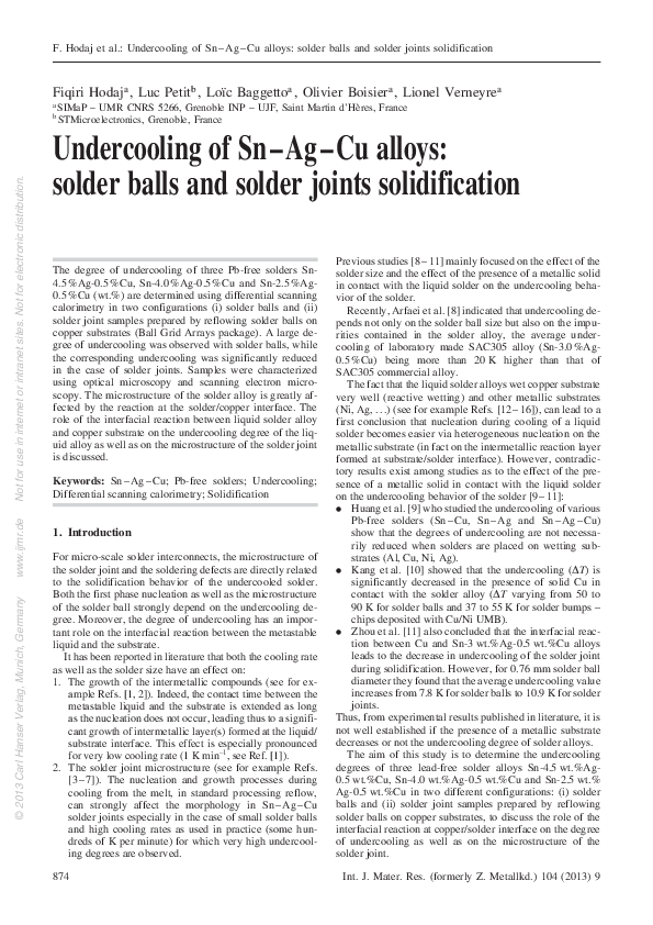 (PDF) Undercooling of Sn–Ag–Cu alloys: solder balls and solder joints ...