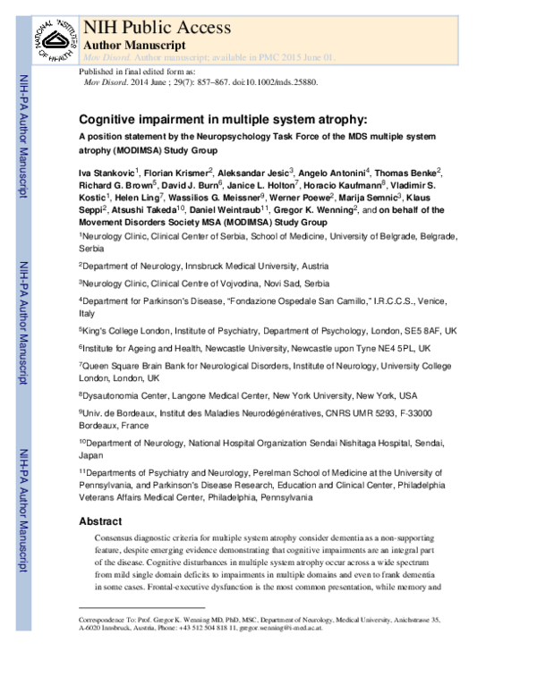 (PDF) Cognitive impairment in multiple system atrophy: A position statement by the ...