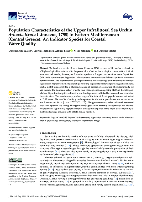 (PDF) Population Characteristics of the Upper Infralittoral Sea Urchin ...