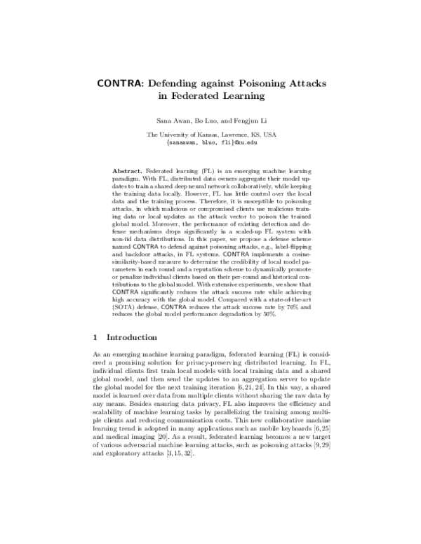 (PDF) CONTRA: Defending Against Poisoning Attacks in Federated Learning