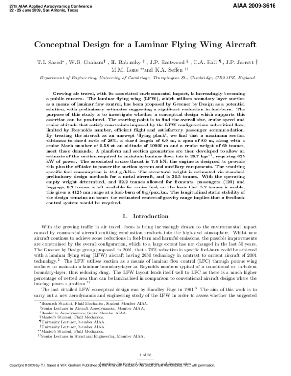 (PDF) Conceptual Design for a Laminar Flying Wing Aircraft