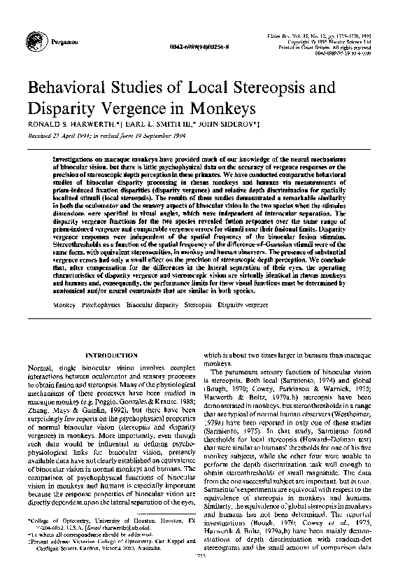 (PDF) Behavioral studies of local stereopsis and disparity vergence in ...
