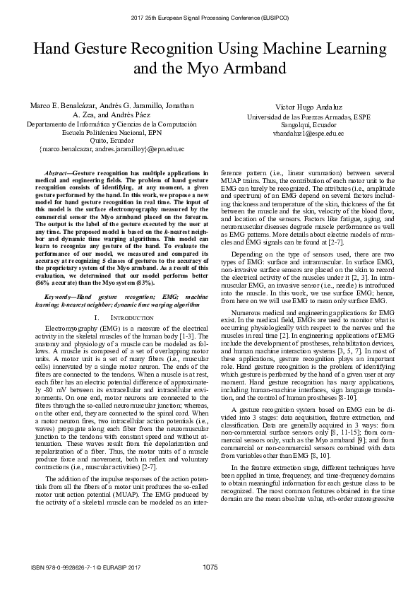 (PDF) Hand gesture recognition using machine learning and the Myo armband