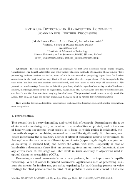 (PDF) Text area detection in handwritten documents scanned for further processing
