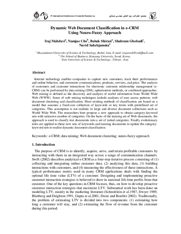 (PDF) Dynamic Web Document Classification in E-CRM Using Neuro-Fuzzy ...